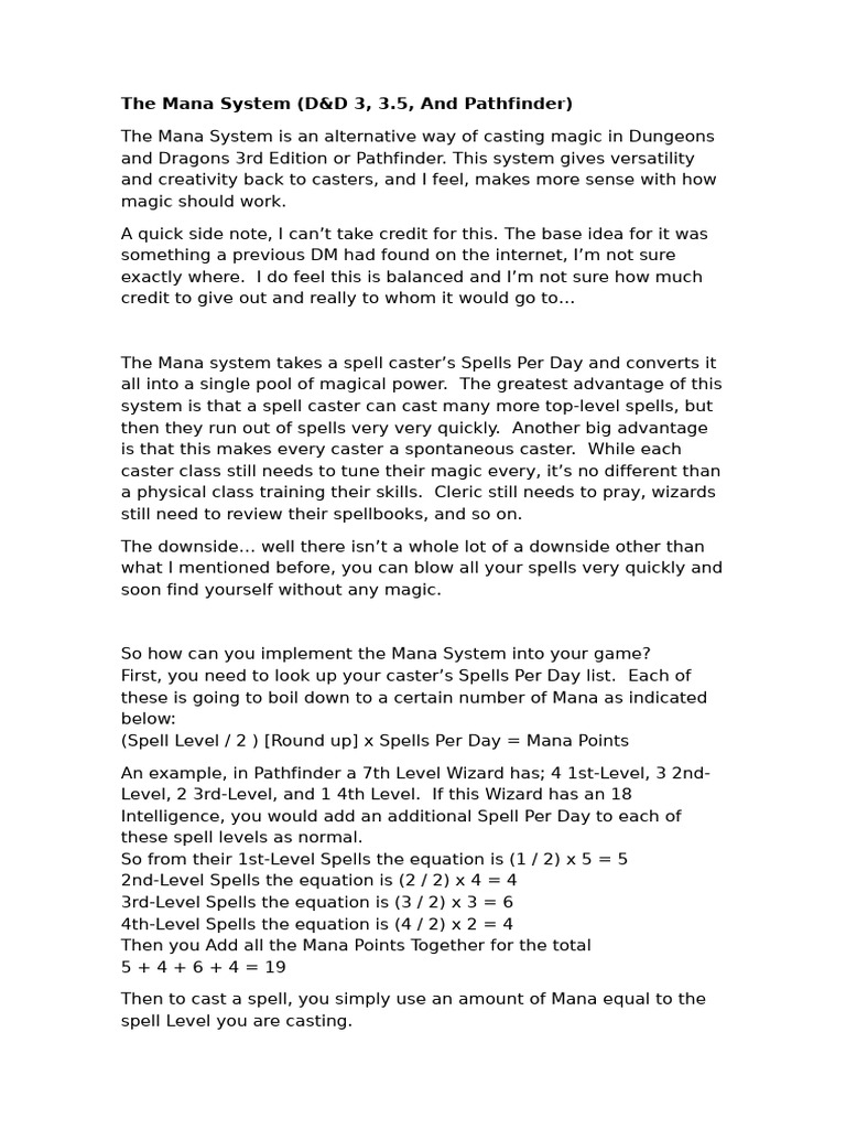 The Mana System Pathfinder | PDF | Wizards Of The Coast | Fantasy Games