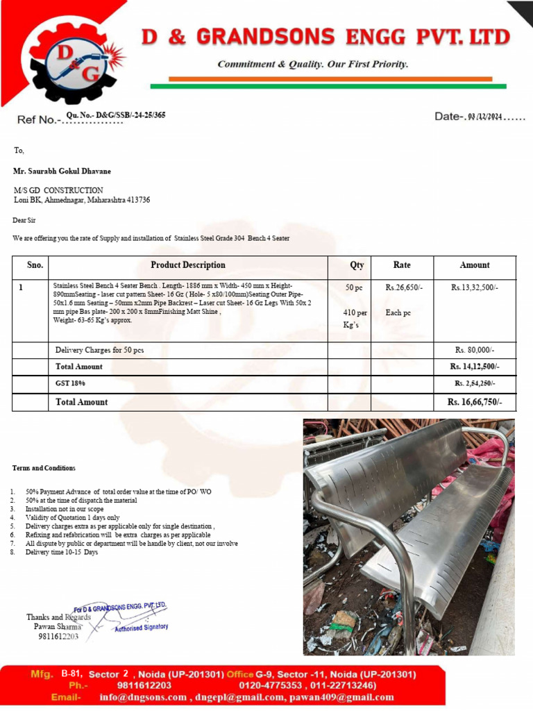 Quotation For SS Bench RDSO | PDF