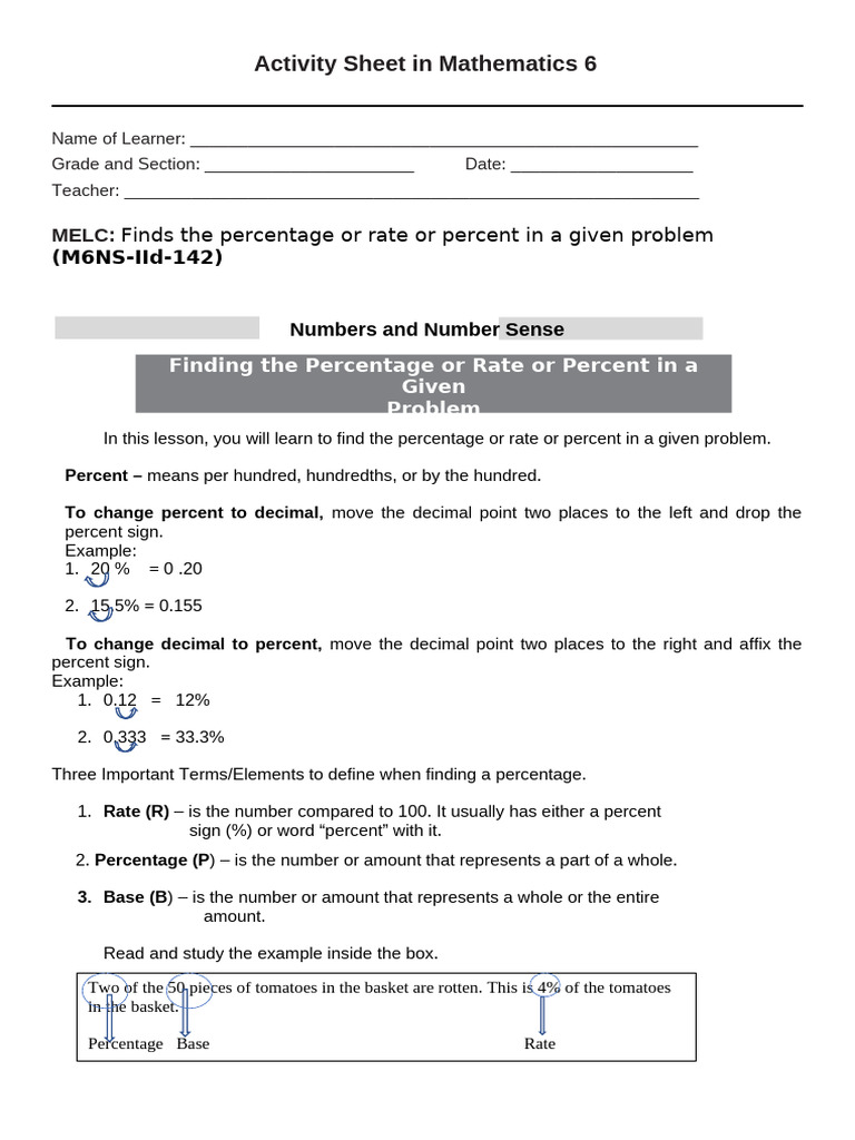 Activity Sheet in Mathematics 6 OCTOBER 18 2024 | PDF | Percentage ...