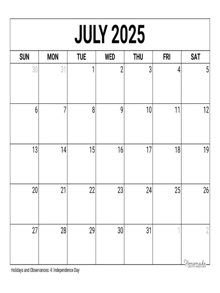 July Calendar 2025 Printable Blank | PDF