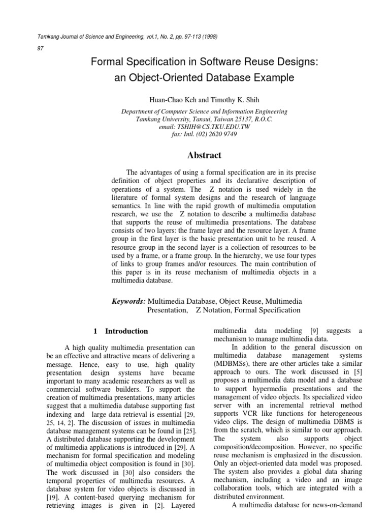 Formal Specification In Software Reuse Designs An Object Oriented Database Example Pdf