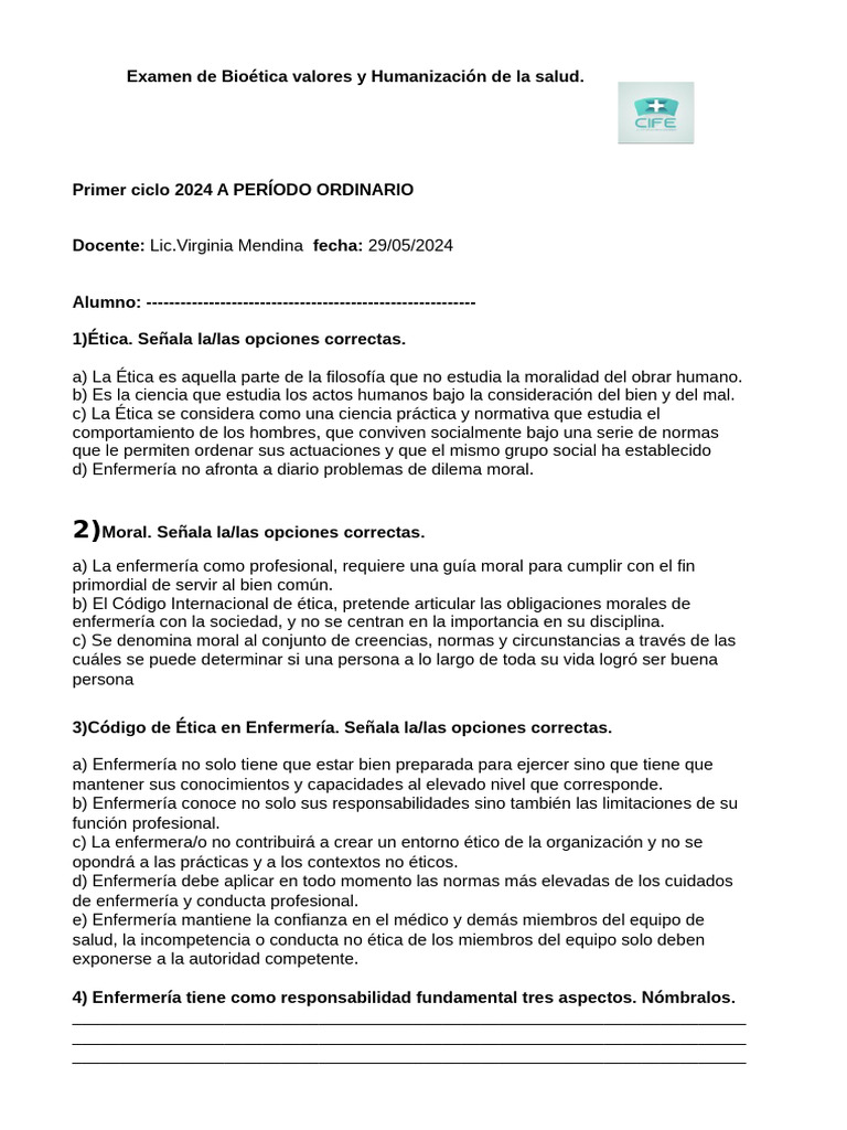 Examen BVH PDF | PDF | Enfermería | Moralidad