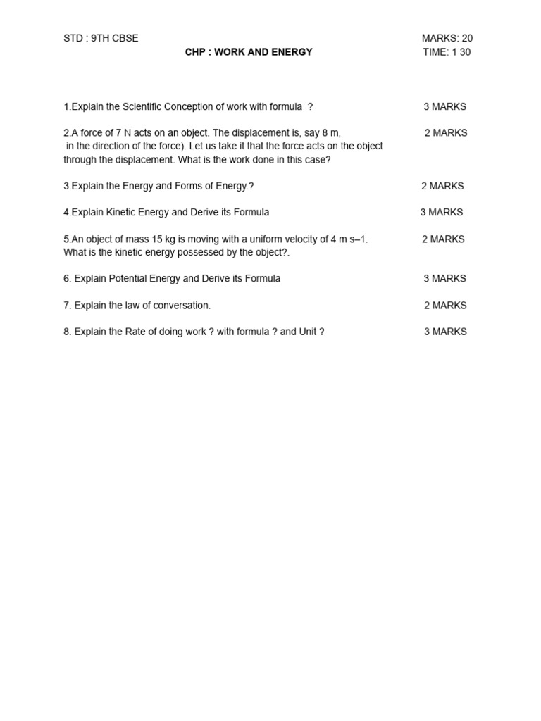 9TH CBSE TEST CHP WORK & ENERGY | PDF