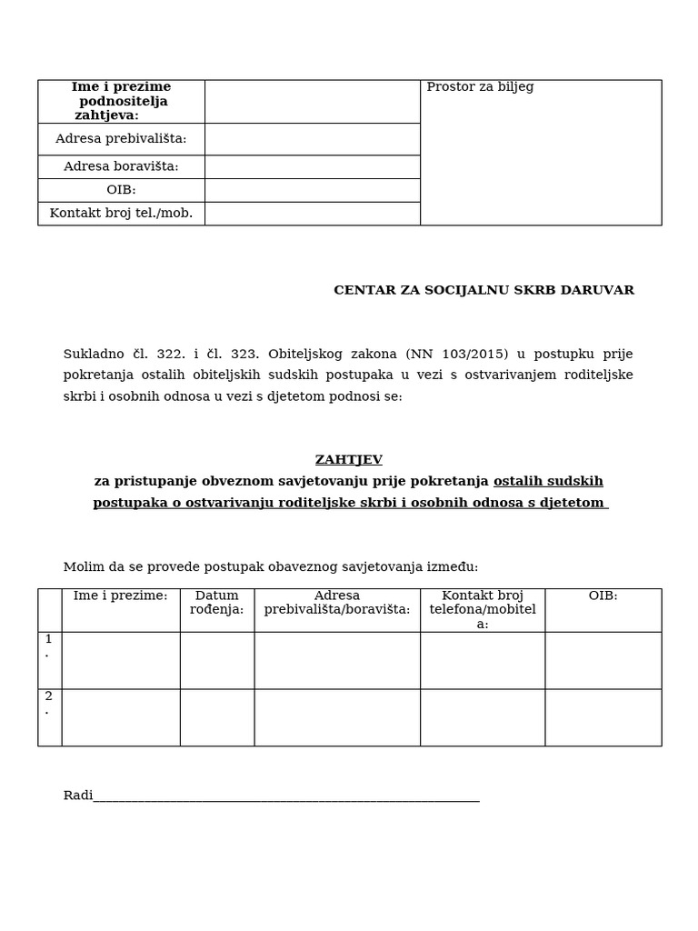 Zahtjev Za OBVEZNO SAVJETOVANJE Prije Pokretanja Ostalih Sudskih ...