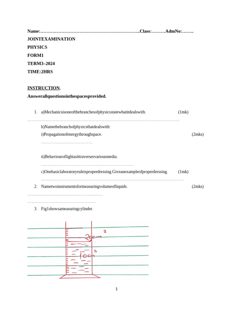 Form 1 2023 End T3 Physics QS - Teacher - Co - .Ke - Set - A | PDF