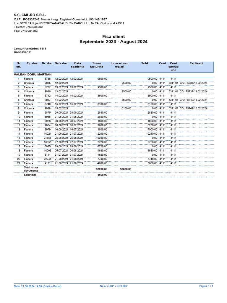 (S.C. CML - RO S.R.L.) Fisa - Client - VALEAN - DORU-MARTIAN | PDF