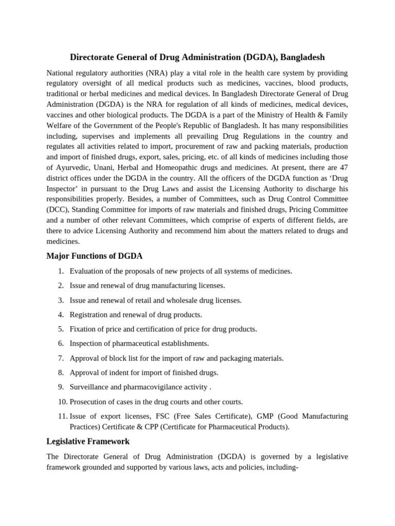 Directorate General of Drug Administration (DGDA), Bangladesh | PDF | Food And Drug ...