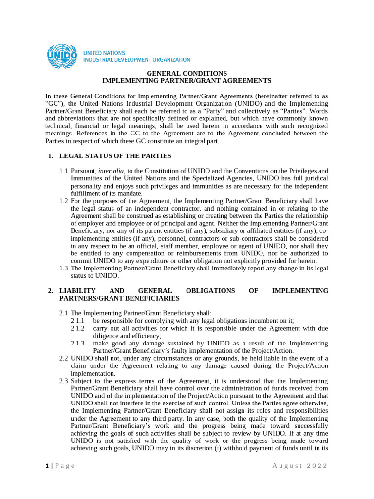 Annex IX - General Conditions Grant and Implementing Partner Agreements | PDF | Indemnity | Justice