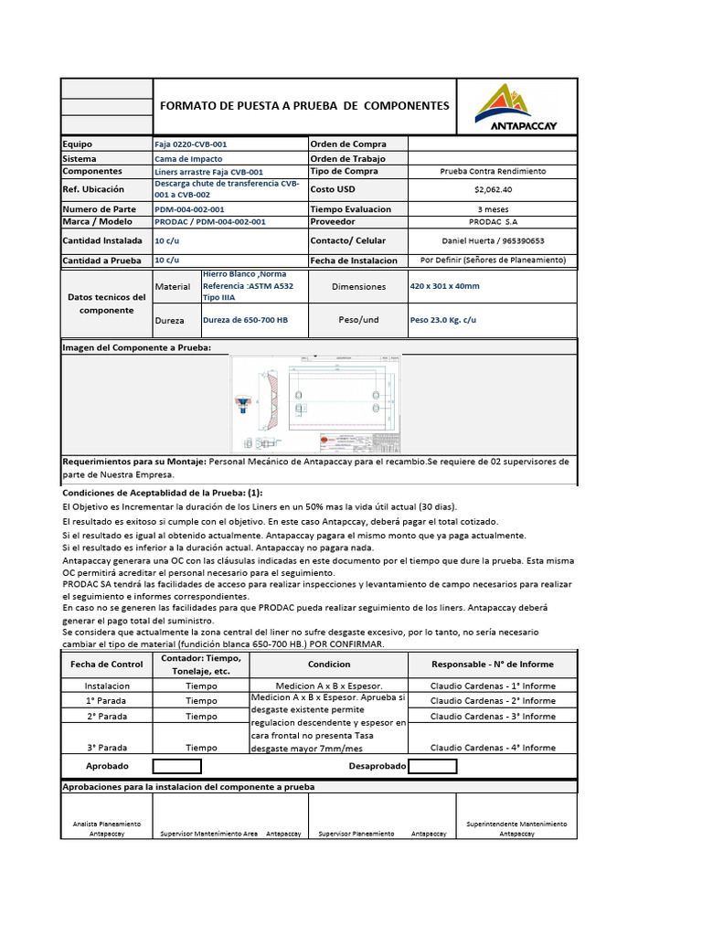 Prueba de Liners en Faja CVB-001 Antapaccay | PDF