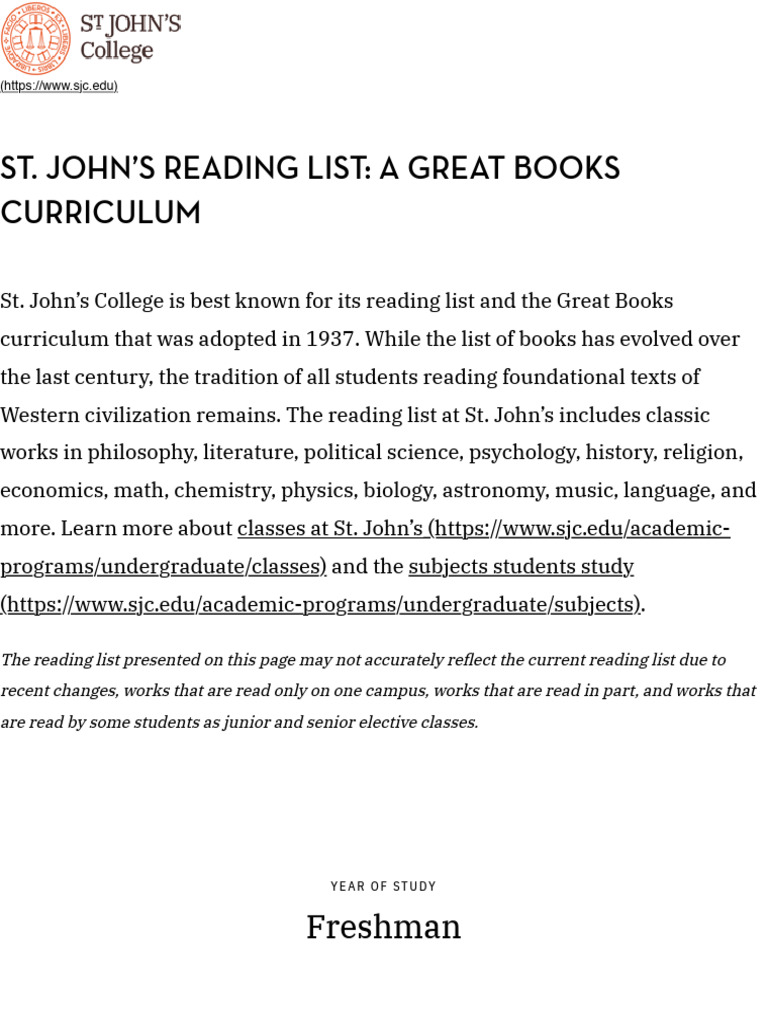 St. John's Great Books Reading List | PDF | Phenomenology (Philosophy ...