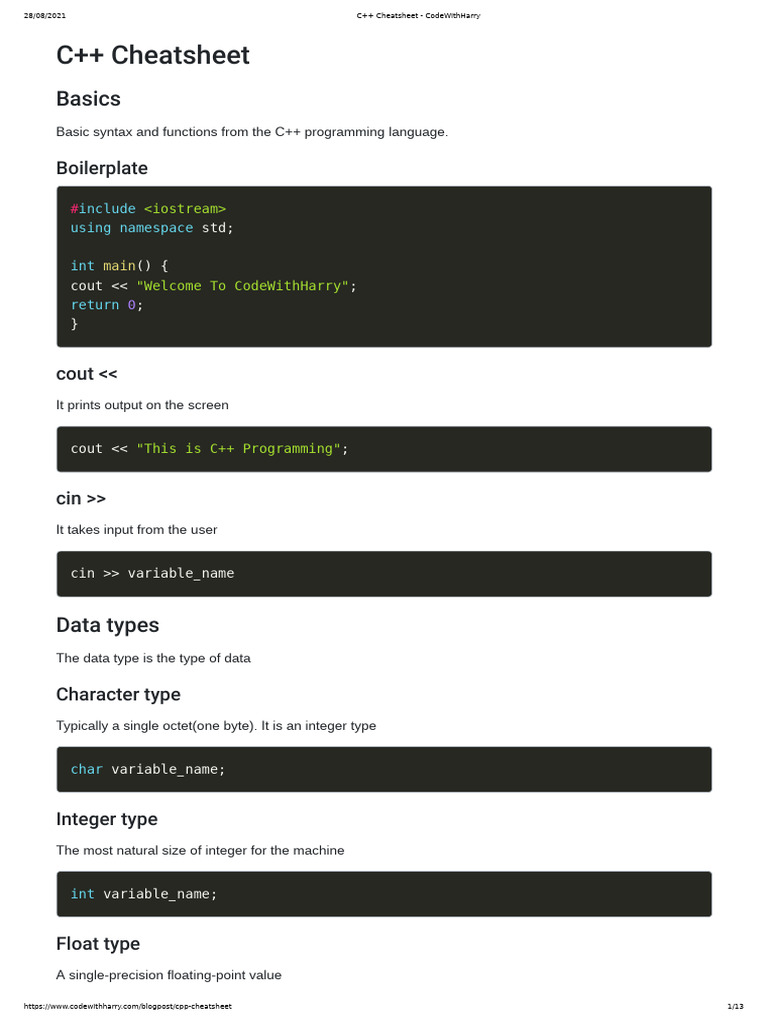 C++ Cheatsheet - by - CodeWithHarry | PDF | Integer (Computer Science) | Computer Programming