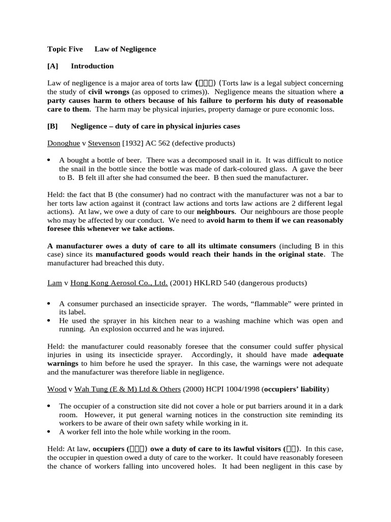 Topic 5 Law of Negligence | PDF | Negligence | Tort