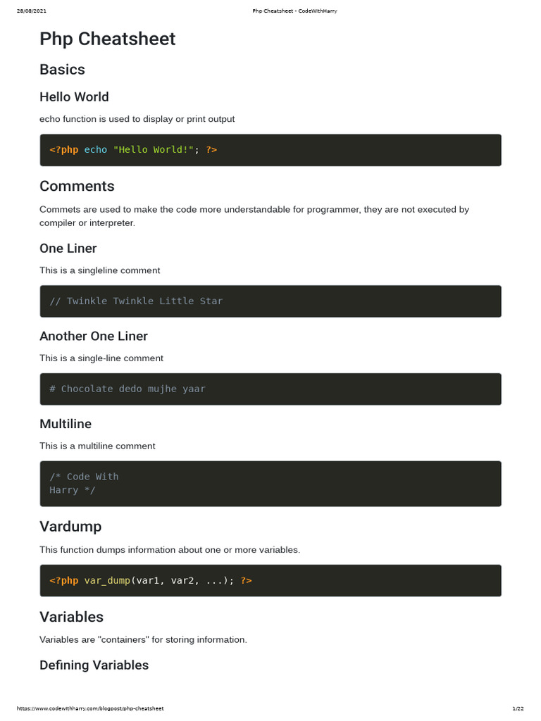 PHP Cheatsheet - by - CodeWithHarry | PDF | Php | Web Server