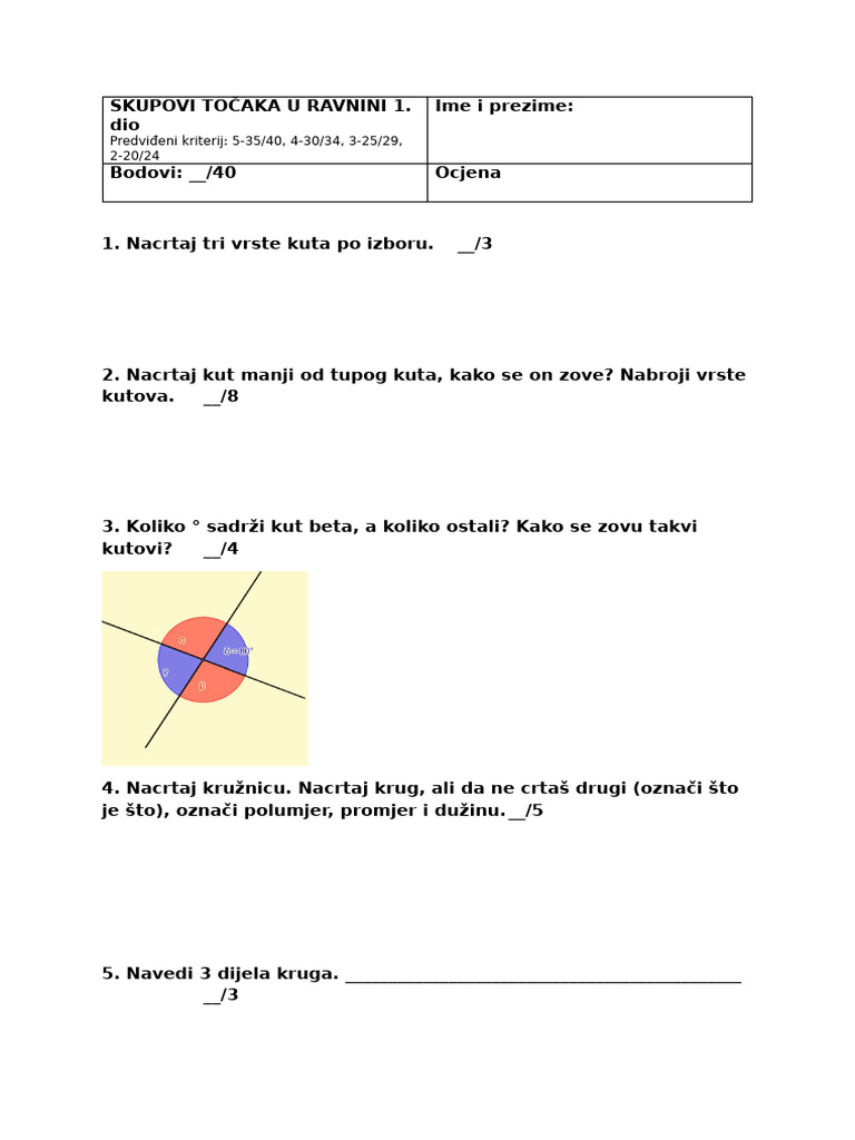 TEST-SKUPOVI TOČAKA U RAVNINI 5. Razred | PDF