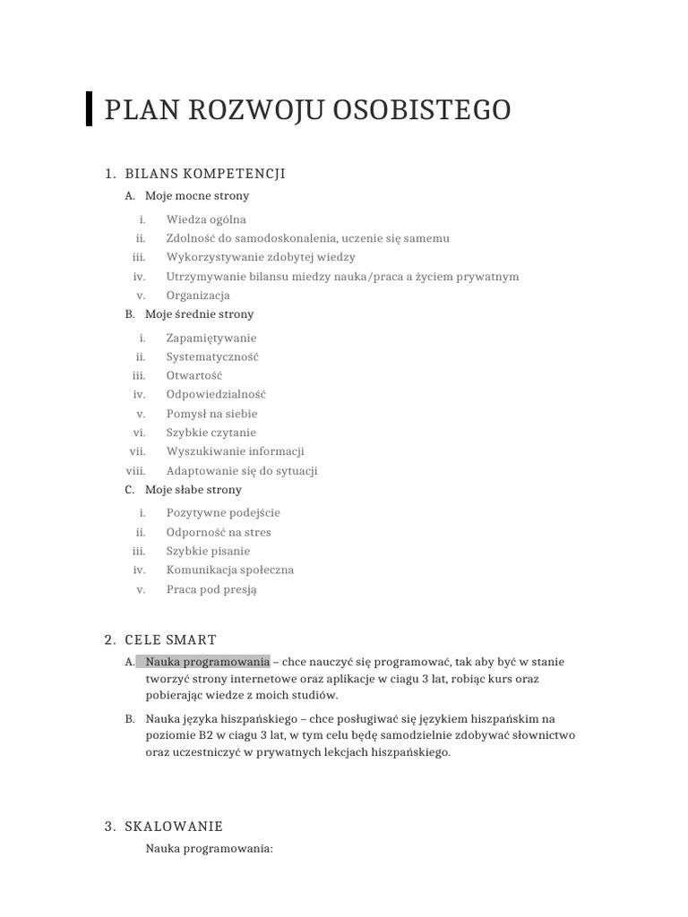 Plan Rozwoju Osobistego | PDF