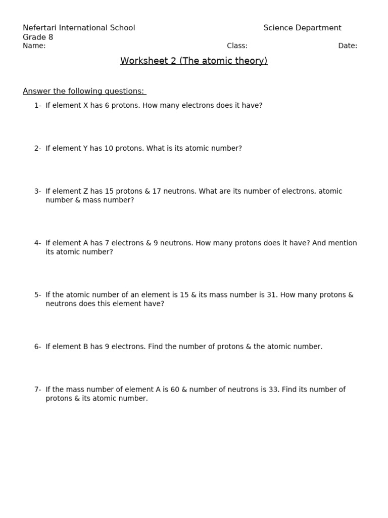 Worksheet 2 (Atomic Theory) | PDF