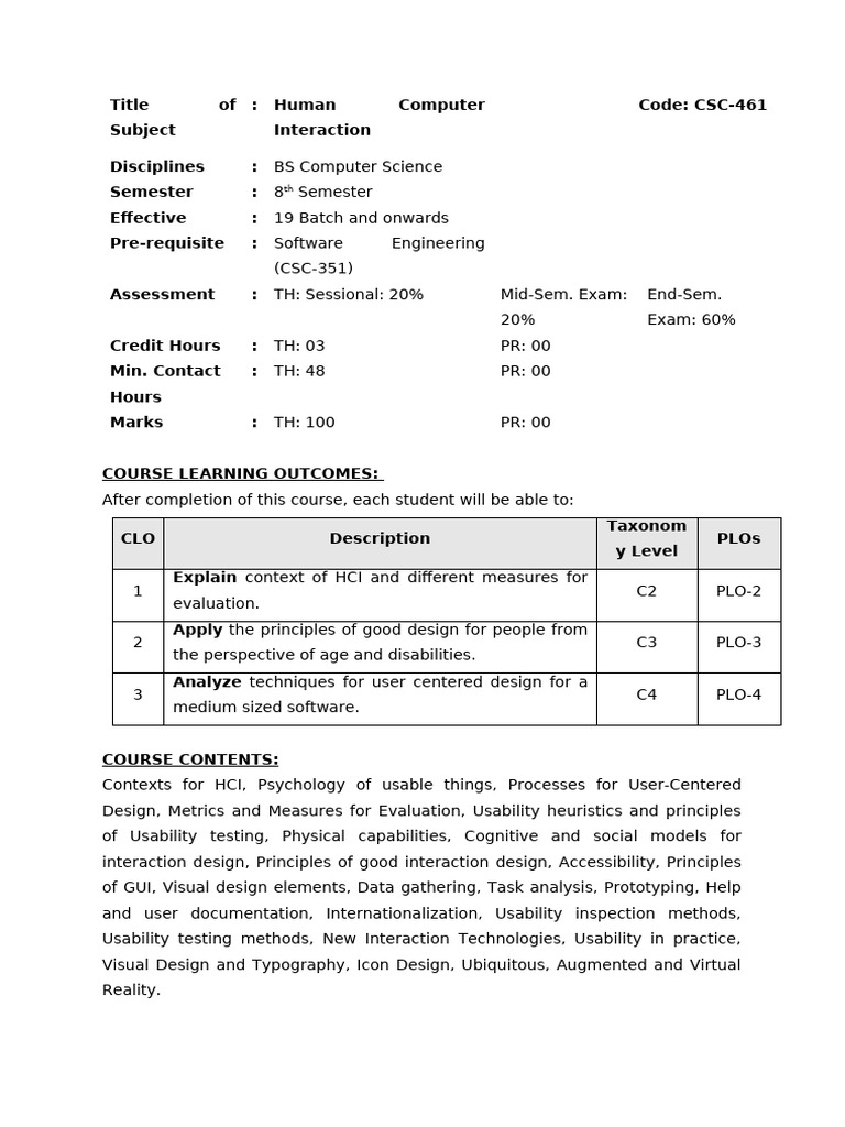 HCI Syllabus 20BSCS | PDF | Usability | Human–Computer Interaction
