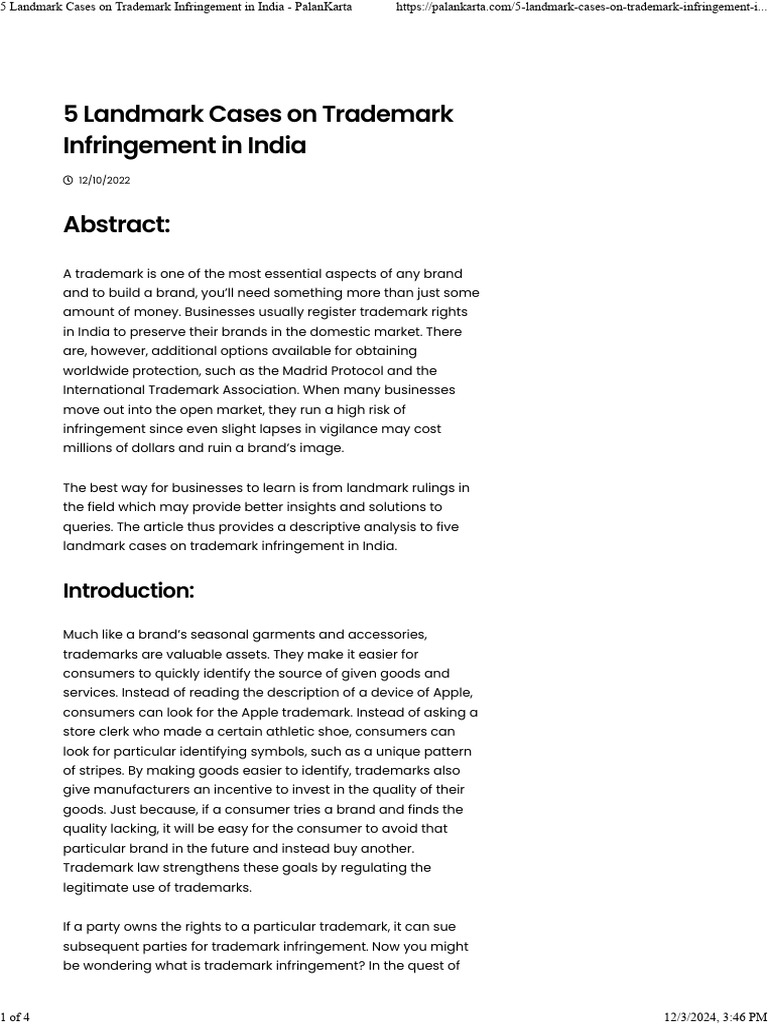 5 Landmark Cases on Trademark Infringement in India - PalanKarta | PDF | Trademark | Brand