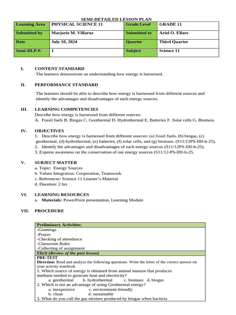 Energy Sources Lesson Plan for Grade 11 | PDF | Energy Development ...