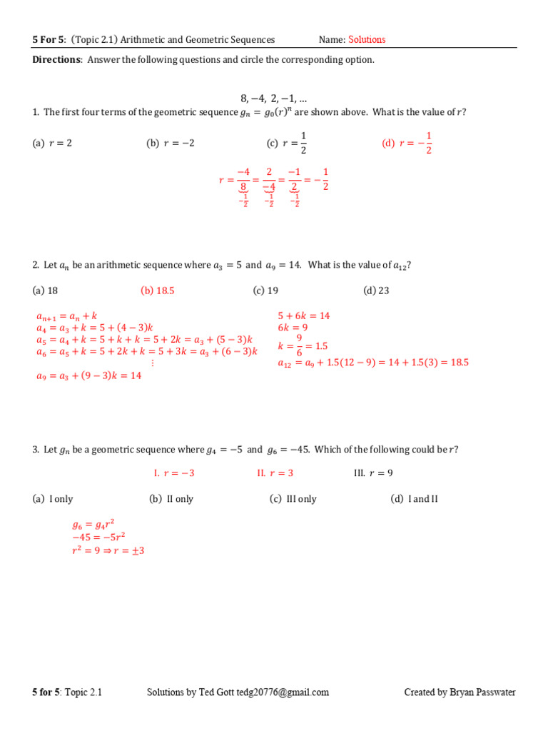 5 for 5: Arithmetic & Geometric Sequences | PDF | Mathematics ...