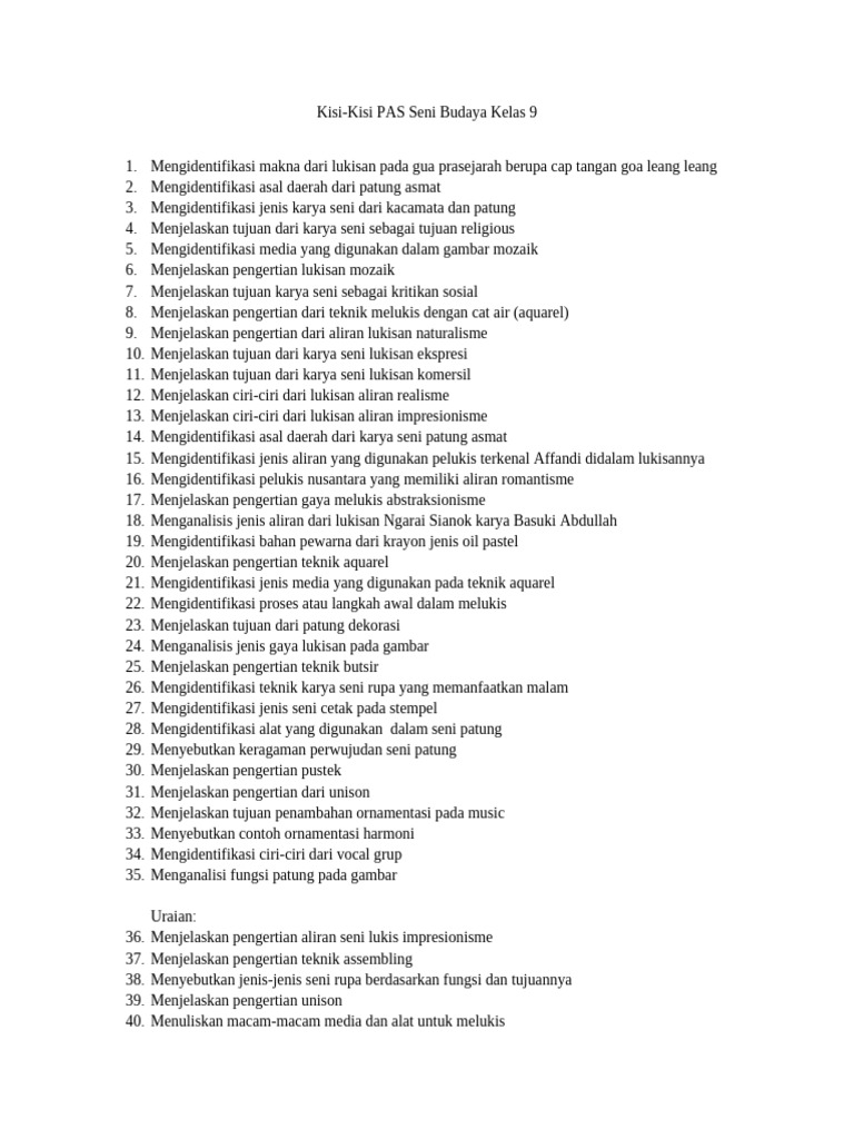 Ringkasan Kisi-Kisi PAS Seni Budaya Kelas 9 | PDF