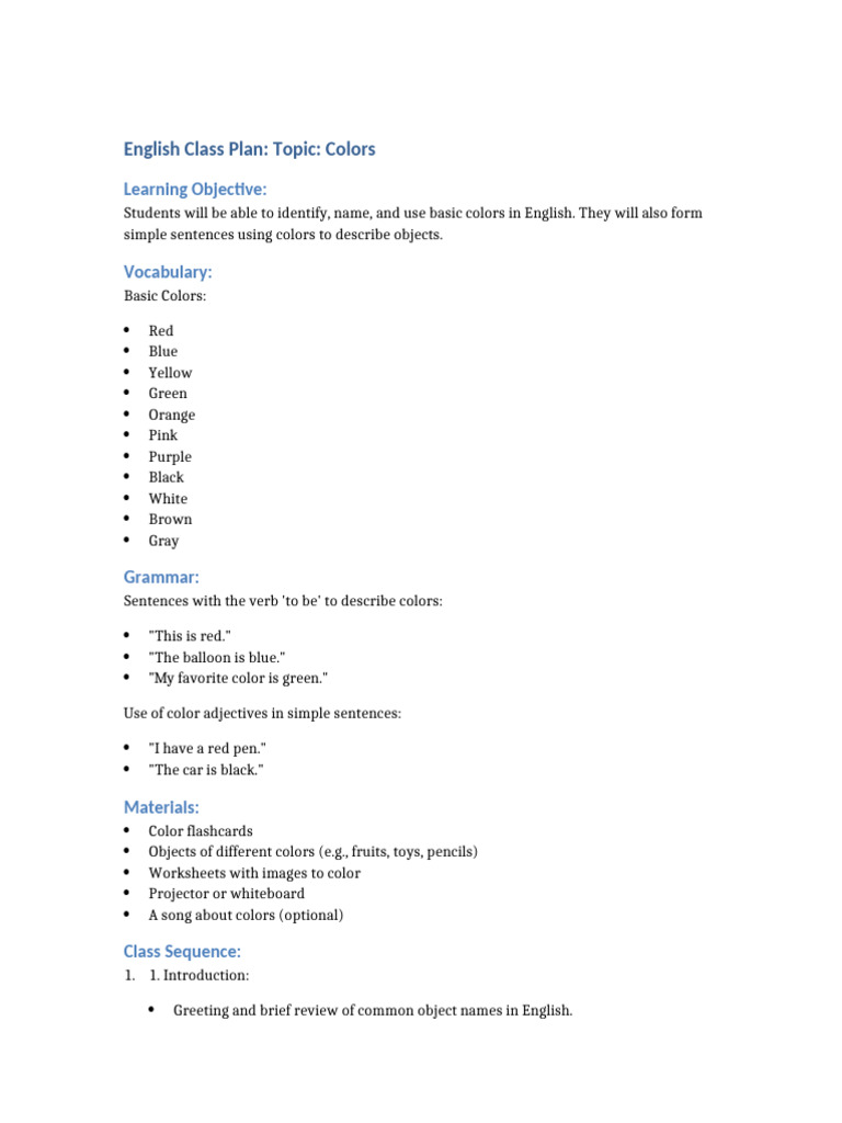 English Class Plan Colors | PDF