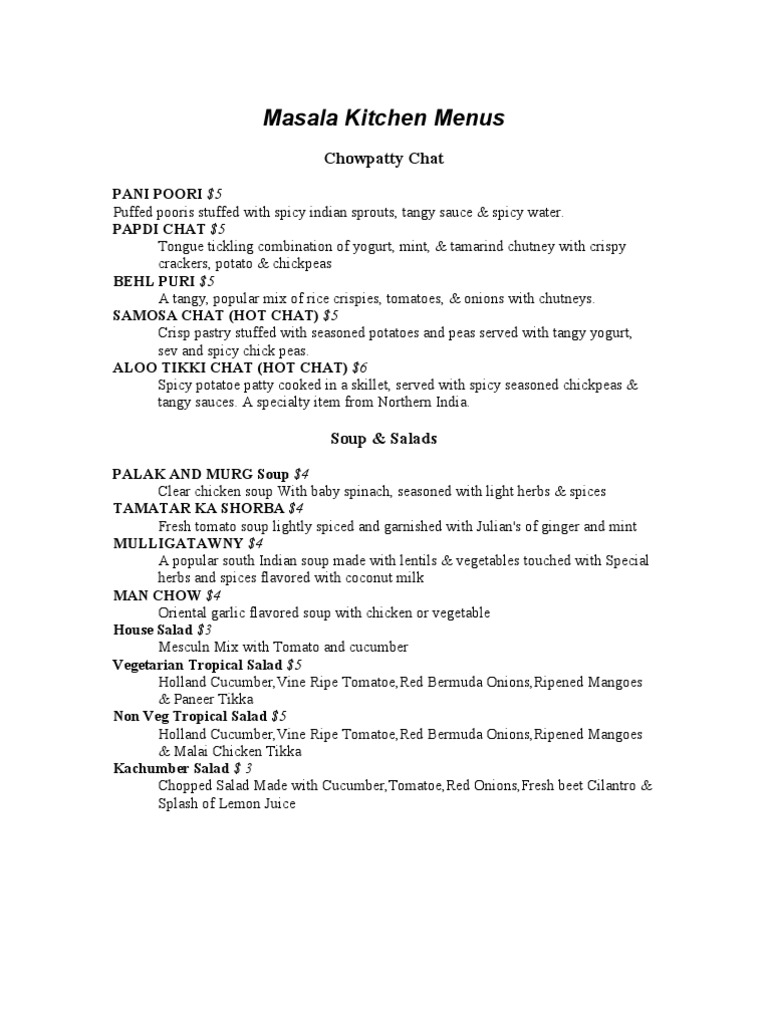 Masala Kitchen Menus: Chowpatty Chat | PDF | Kebab | Cuisine