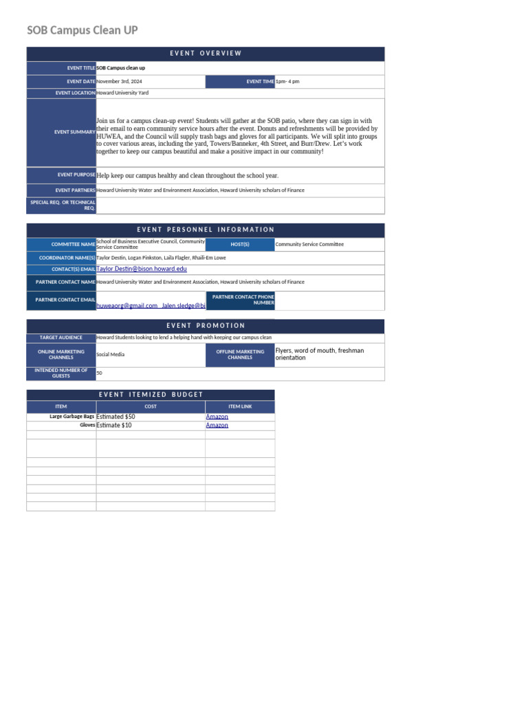 SOB Campus Clean Up Event Proposal & Planning | PDF