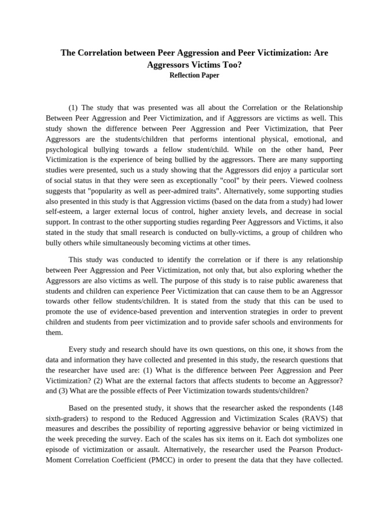 Reflection Paper Regarding The Correlation Between Peer Aggression and ...
