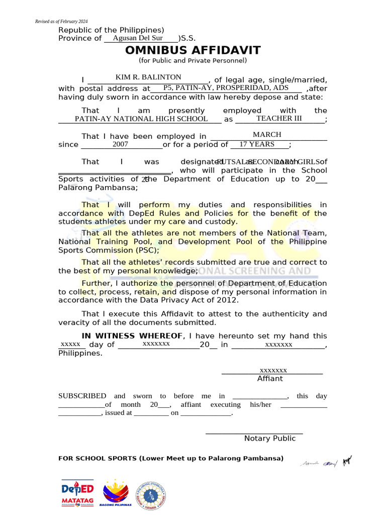 Omnibus Affidavit for School Sports | PDF | Affidavit | Government