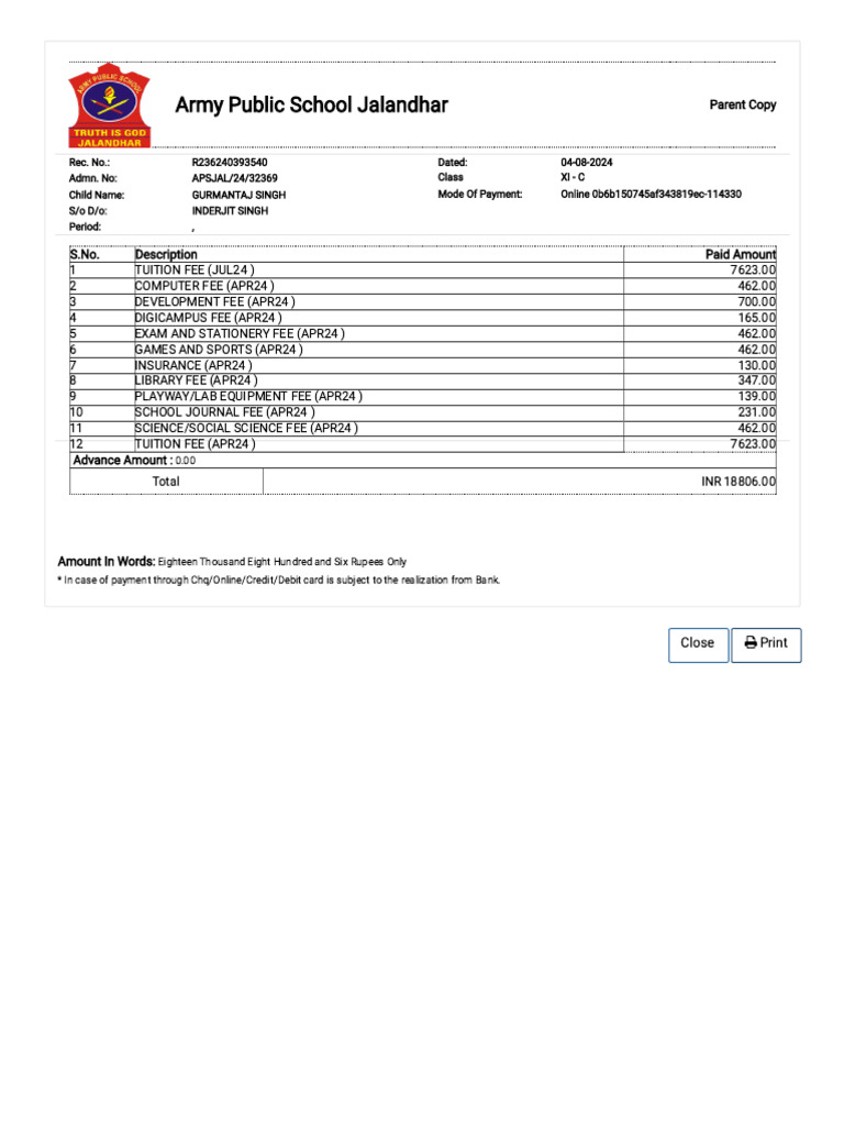 Fee Slip | PDF | Service Industries | Personal Finance