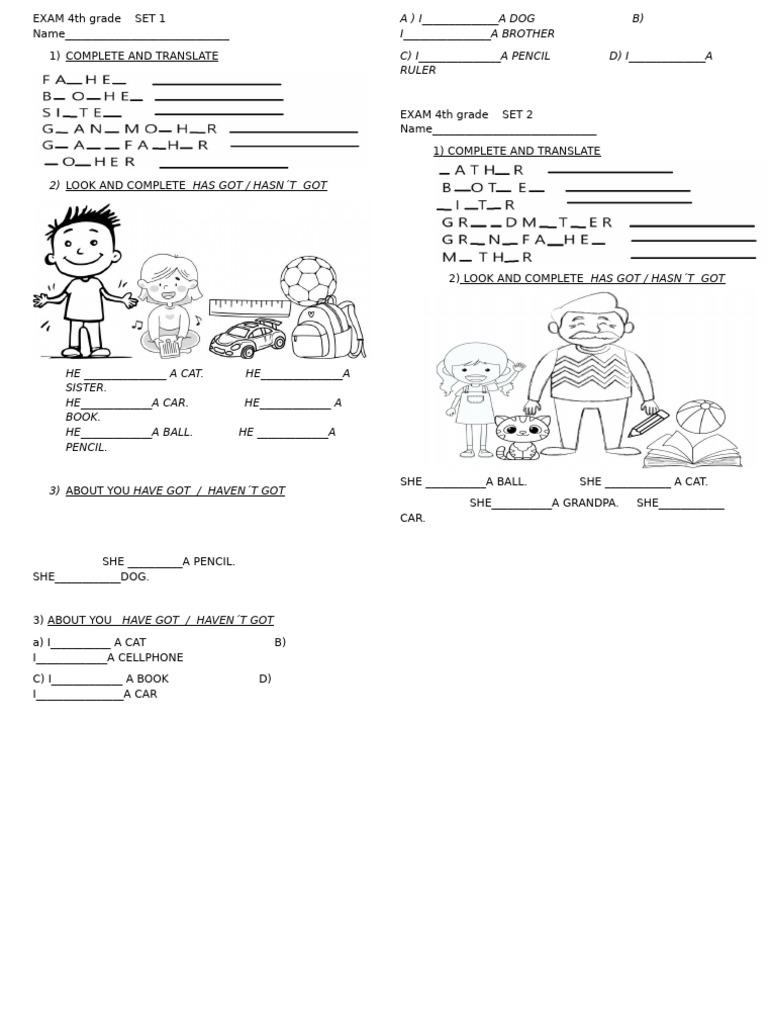 4th Grade English Exam: Have Got/Hasn't Got | PDF