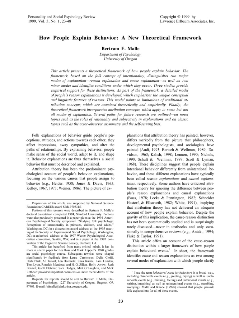 How People Explain Behavior a New Theoretical Fram (1) | PDF | Intention | Reason