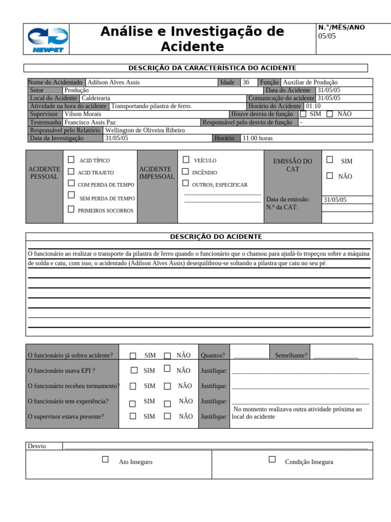 Modelo de Relatorio de Investigacao de Acidente | PDF