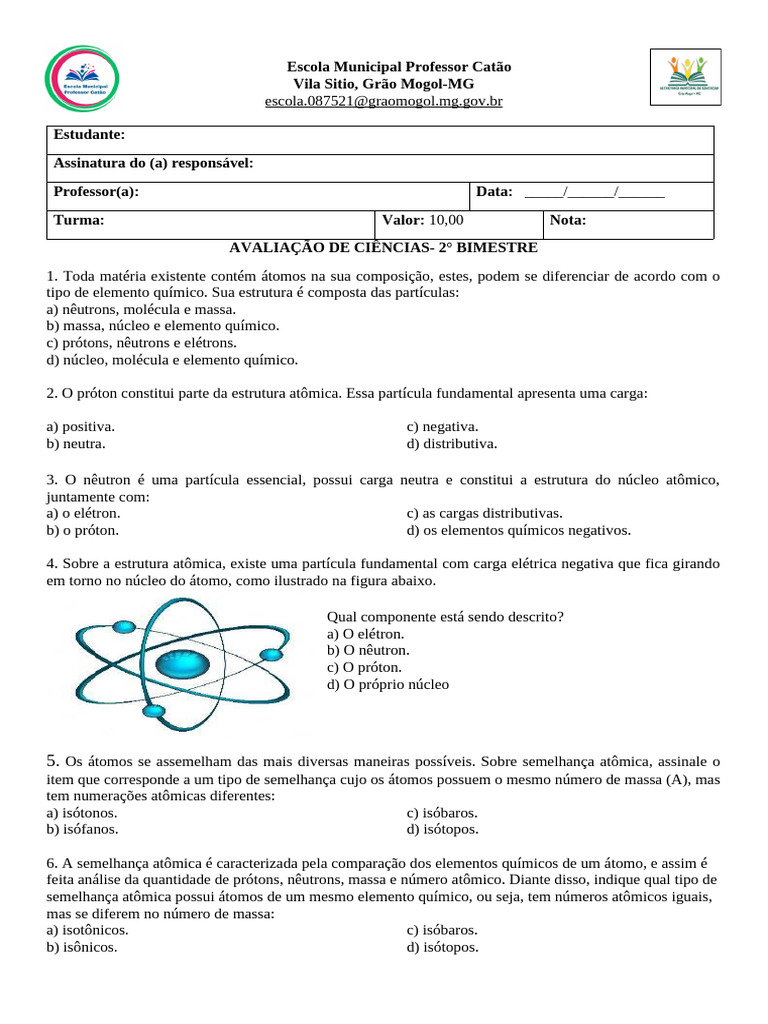 Avalia Ciências - 9º Ano | PDF | Próton | Nêutron