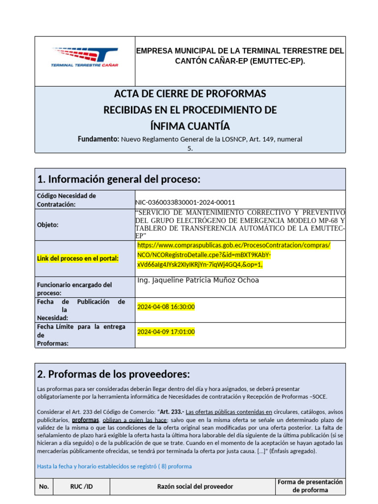 Acta Cierre Proformas Nic 0011 | PDF