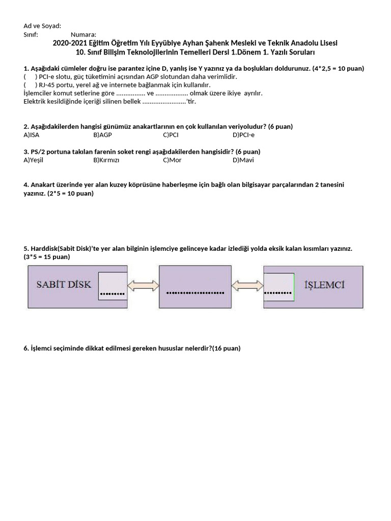 30 - 10-Btt 1. Dönem 1. Yazılı | PDF