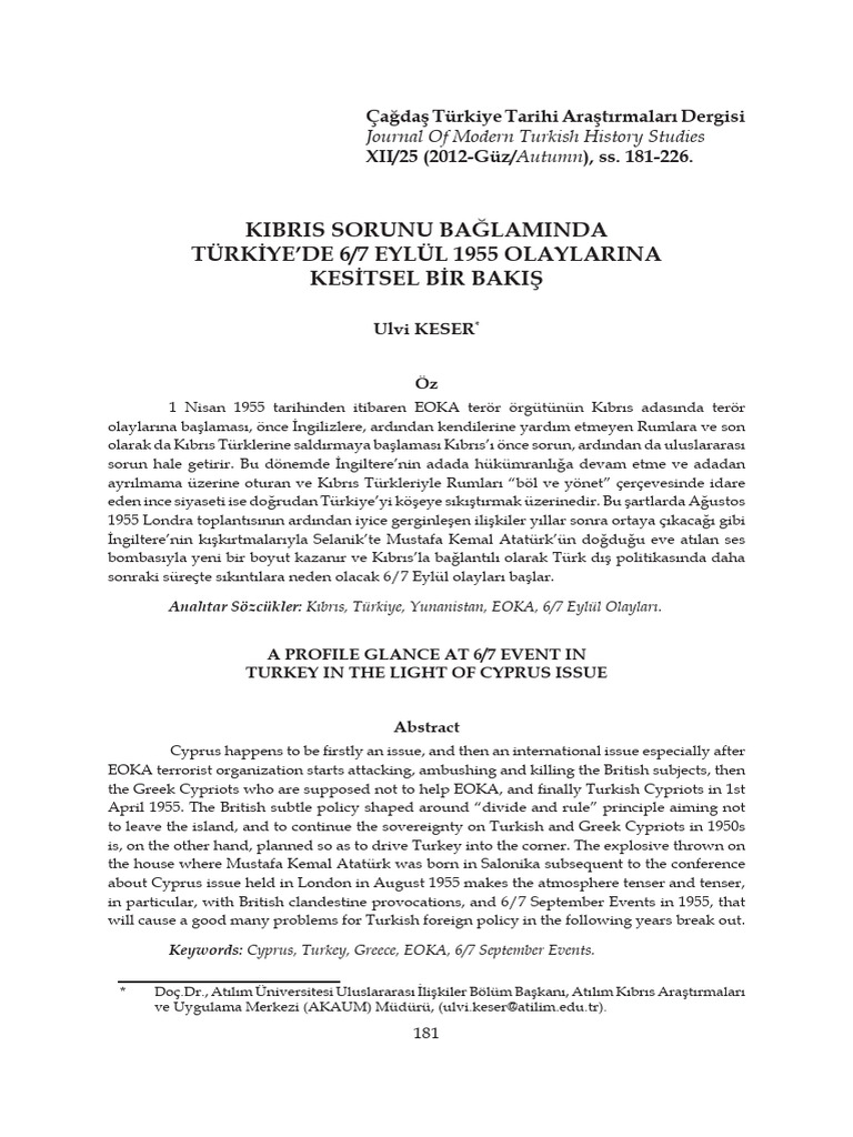 K Br s Sorunu Ba Lam Nda T Rkiye de 6-7 Eyl l 1955 Olaylar Na Kesitsel Bir Bak [#269371]-235819 ...