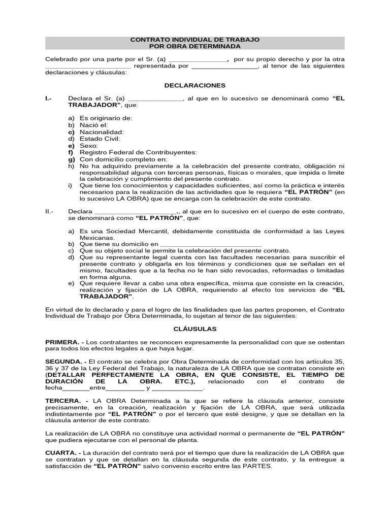 CONTRATO INDIVIDUAL POR OBRA DETERMINADA. | PDF | Sociedad de responsabilidad limitada | Justicia