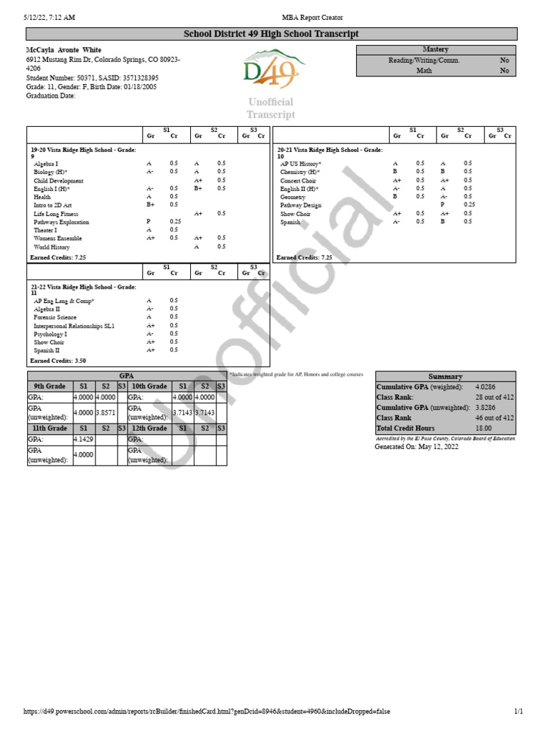 M. White Unofficial Transcript | PDF | Educational Assessment And Evaluation | Student ...