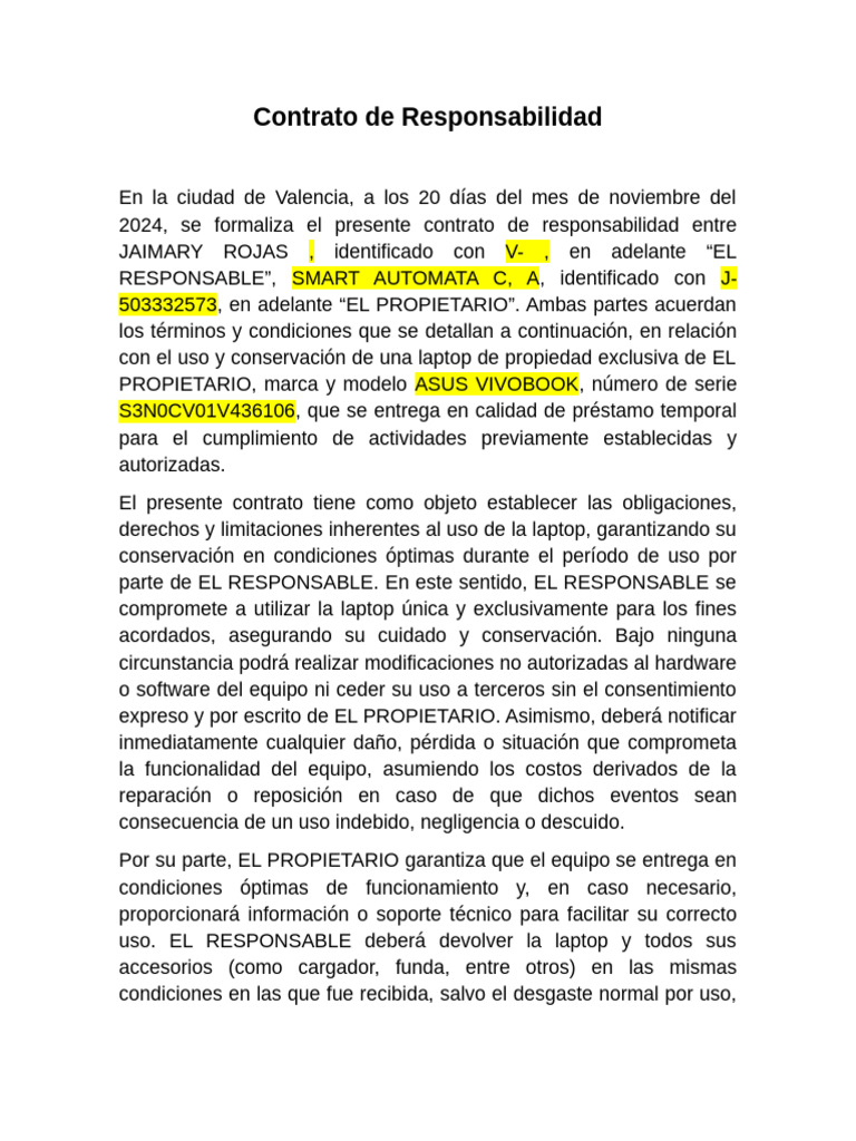 Contrato de Responsabilidad LAPTOP YEISON | PDF | Propiedad | Justicia