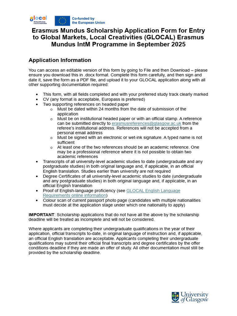 GLOCAL Erasmus Mundus Scholarship Form | PDF | Academic Degree ...