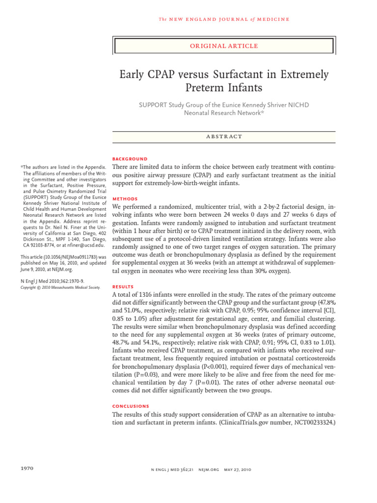 Early CPAP Versus Surfactant in Extremely Preterm Infants | PDF | Human ...