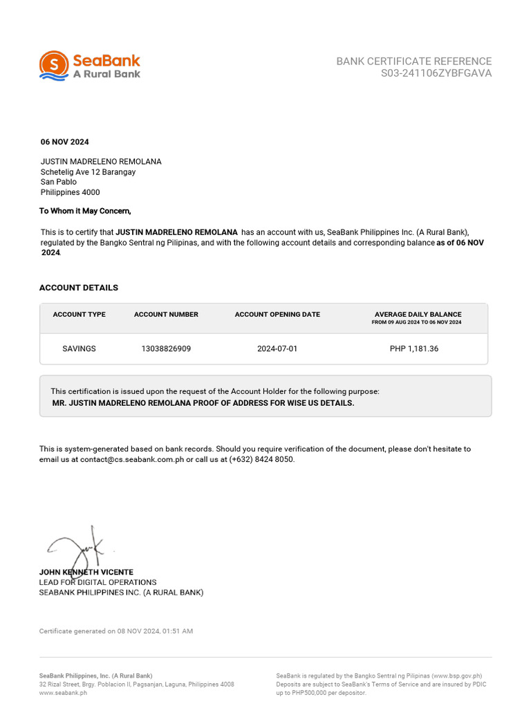 BPI Bank Certificate Request Details | PDF