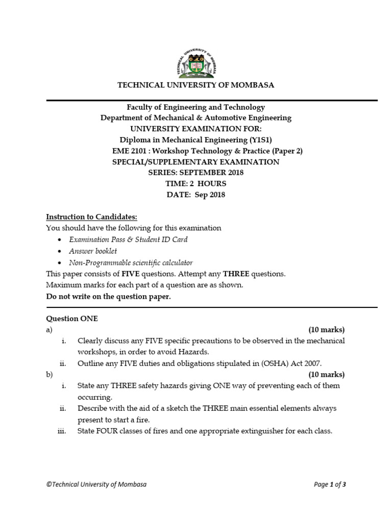 EME 2101 Workshop Technology & Practice (Paper 2) | PDF | Metalworking | Tools