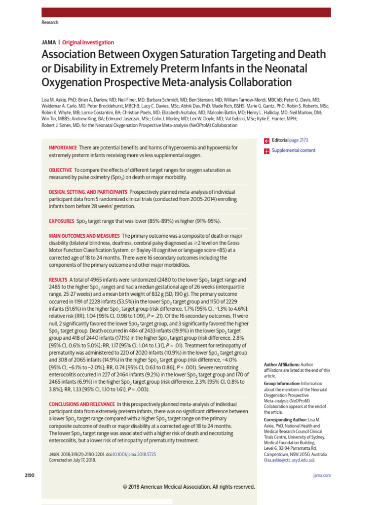 Association Between Oxygen Saturation Targeting and Death or Disability ...