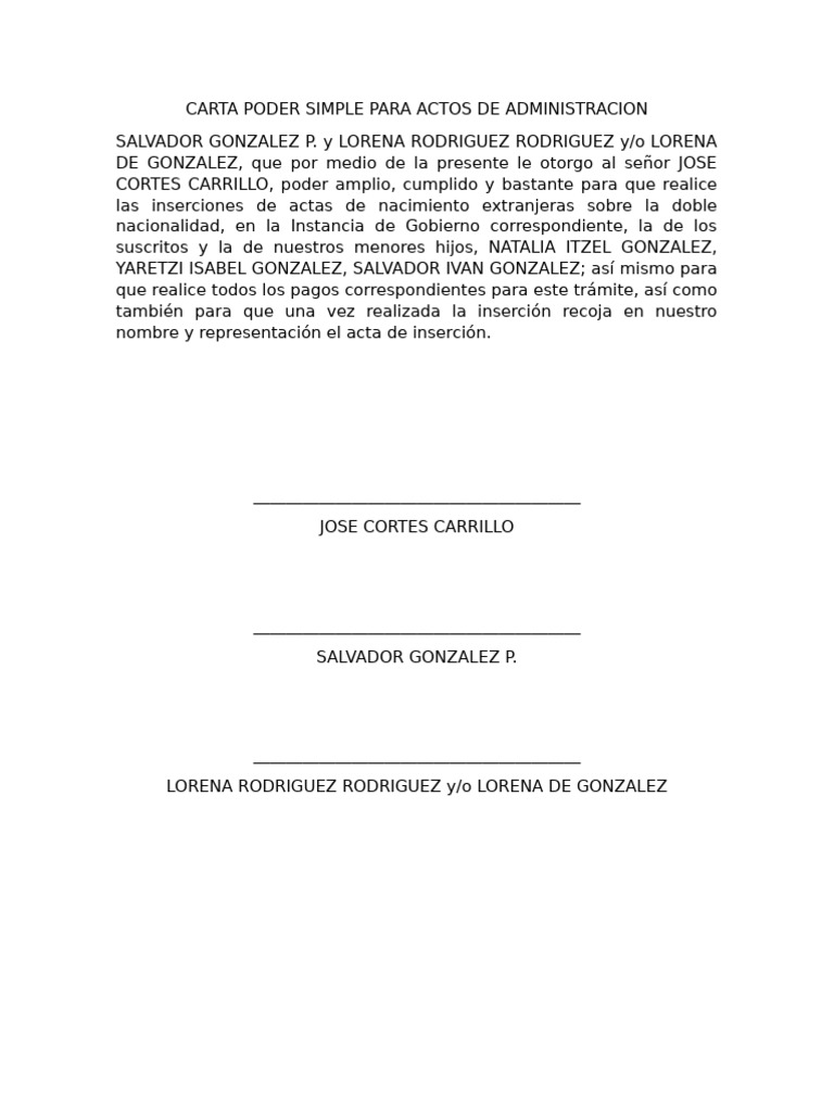 CARTA PODER SIMPLE PARA ACTOS DE ADMINISTRACION | PDF