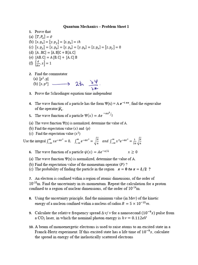 Quantum Mechanics Problem Sheet 1 | PDF