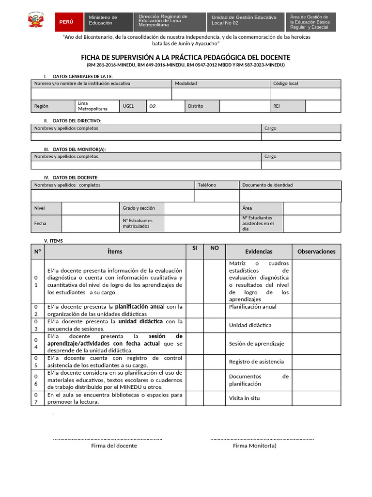 3 FICHA DE SUPERVISION_PRACTICA DOCENTE_UGEL 02 | PDF | Maestros ...