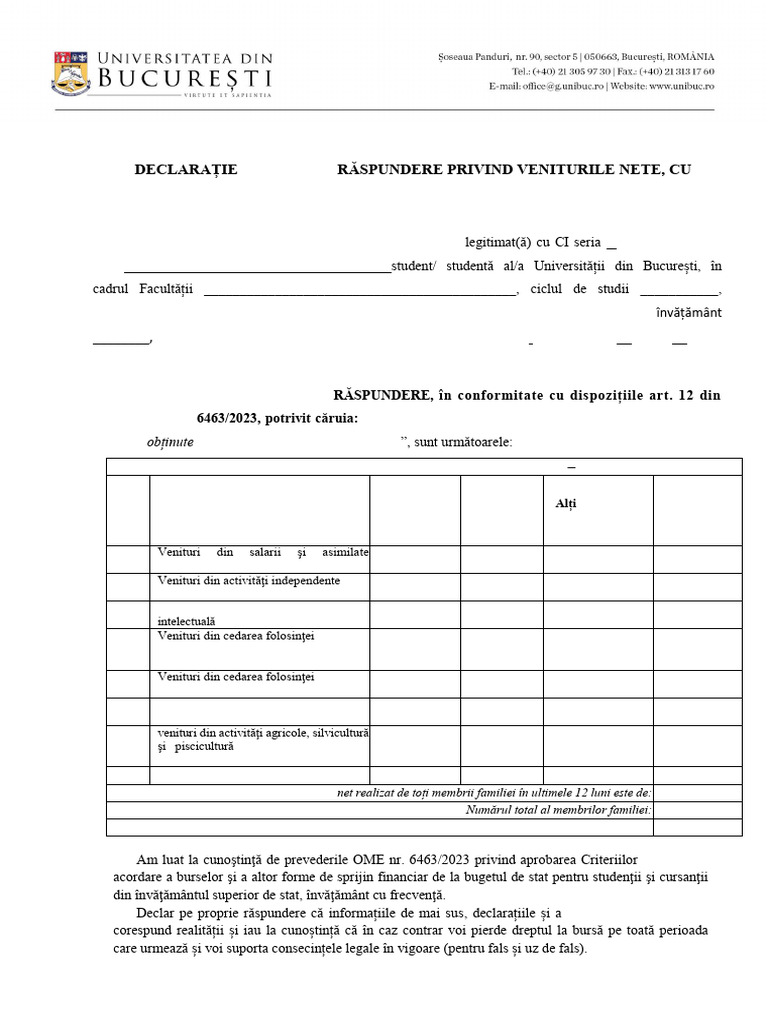 Burse 2024 2025 Anexa 1 Declaratie Venituri Bursa Sociala | PDF